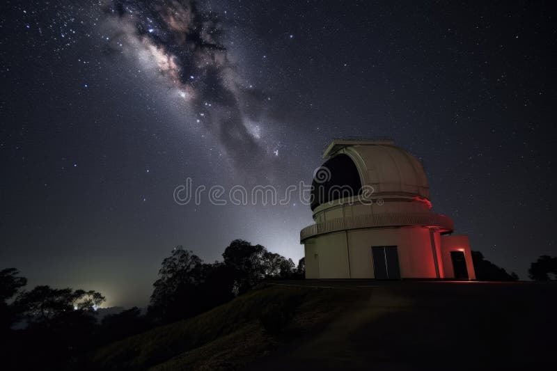 Nighttime View of Observatory, with Telescope and Stars Visible in the ...