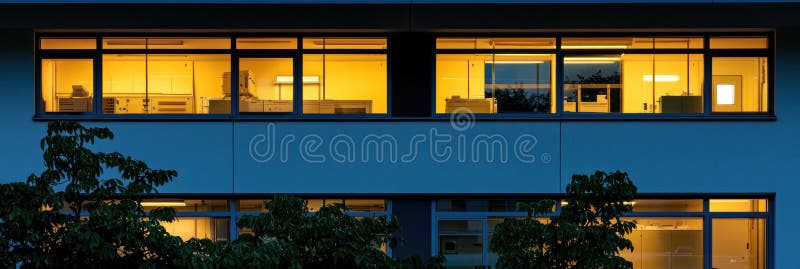 Nighttime View of Office Building Windows with Warm Light Glowing ...