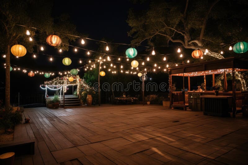 Nighttime View of Outdoor Dance Floor with Twinkle Lights and Lanterns ...