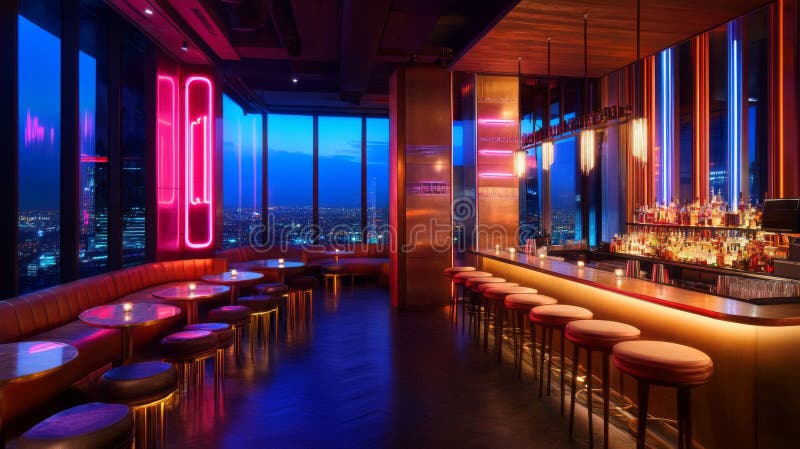 Nighttime View from a Rooftop Bar with Neon Lights and Cityscape Stock ...