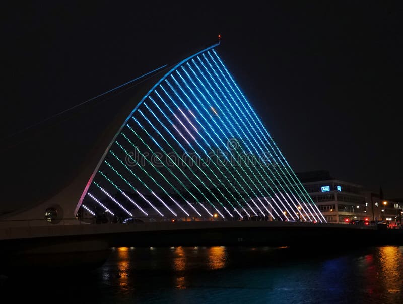 Nighttime View of the Samuel Beckett Bridge Stock Photo - Image of ...