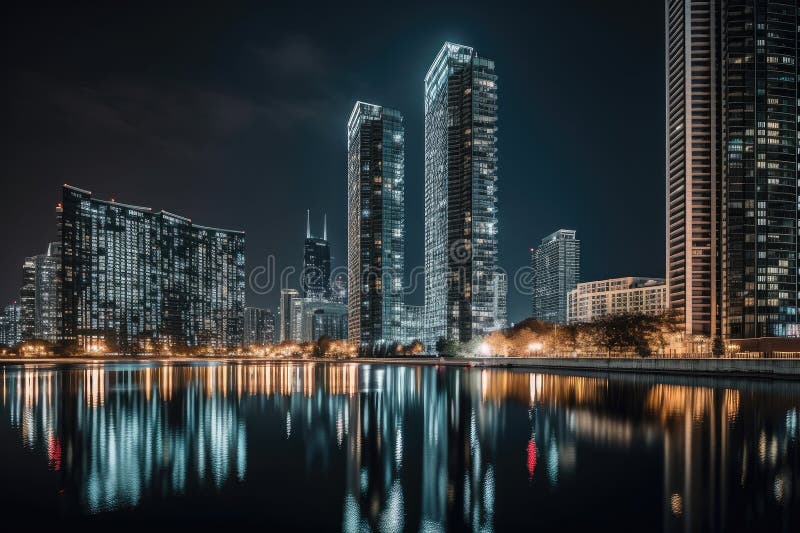 Nighttime View of Towering High-rises, with the Lights Shining and ...