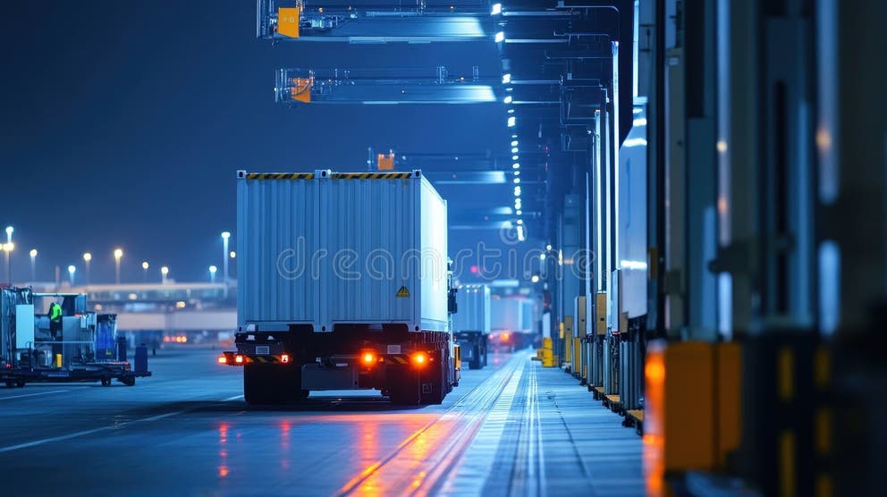 Nighttime View of a Transport Hub with Trucks and Loading Docks ...