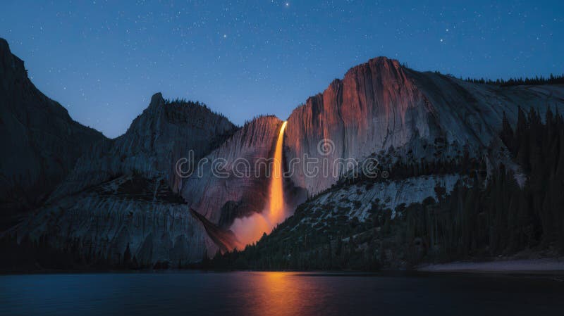 Nighttime View of Yosemite Falls Under Starry Sky with Moonlight Glow ...