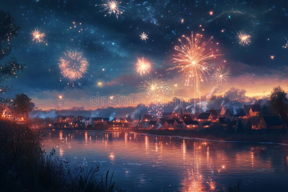 A Nighttime Village Celebration with Fireworks Over a River Stock ...