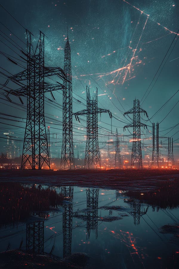 Nighttime Visualization of High-voltage Grids with Energy Flow Simulations. Stock Illustration ...