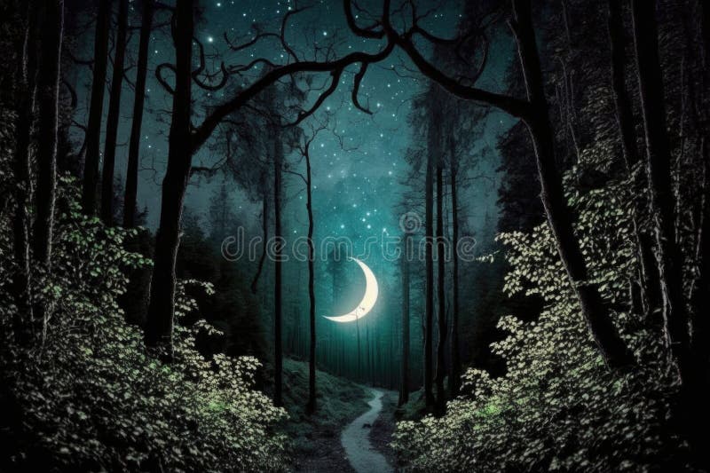 Nighttime Walk through Forest with Crescent Moon and Stars Shining ...