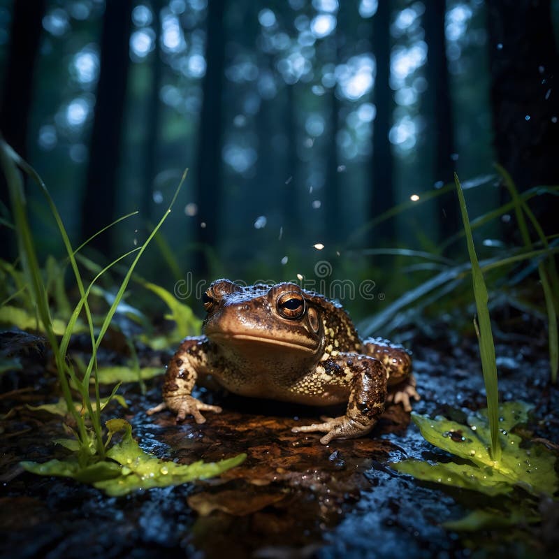 Nighttime Wanderer: Common Toad on Wet Forest Floor with Glowing ...