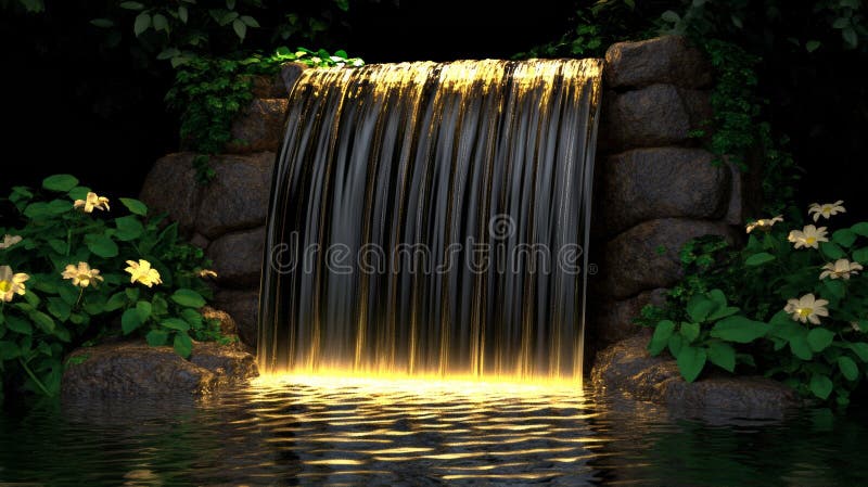 A Nighttime Waterfall Lights Up a Serene Pool Stock Photo - Image of ...