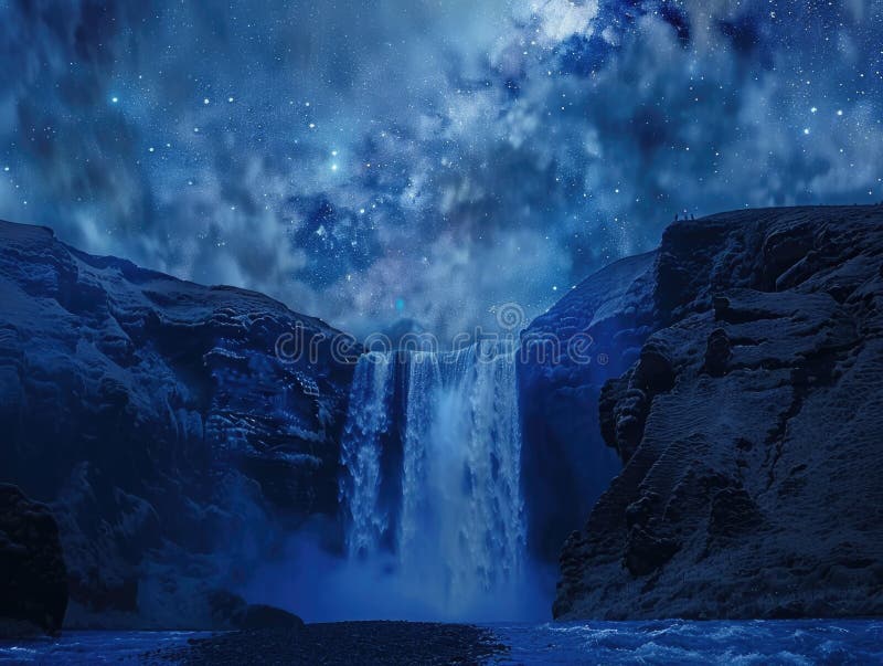 Nighttime Waterfall Under Stars Stock Photo - Image of peaceful ...