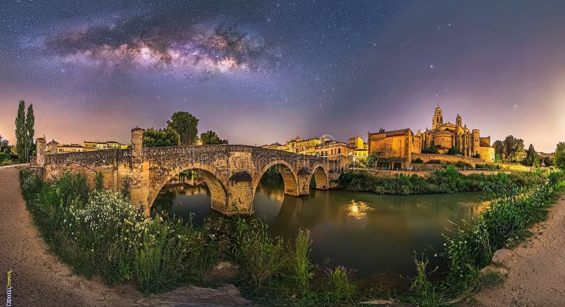 Nighttime Wide-angle View of a Viaduct Bridge with Sparkling Stars in ...