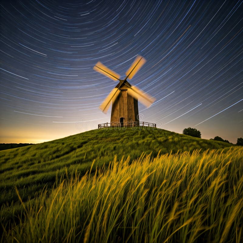 Nighttime Windmill with Star Streaks Stock Illustration - Illustration ...