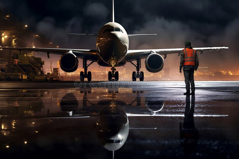 Nighttime Worker Standing Behind Jet Airplane Generative AI Stock ...