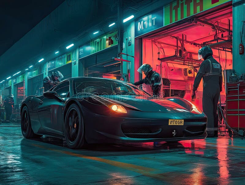 Nighttime Workshop, High-performance Racing Car, Red Lighting, Sleek ...