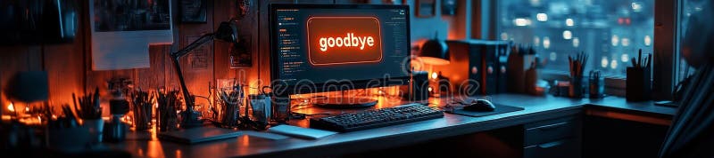 Nighttime Workspace with a Glowing Goodbye Message on Screen Stock ...