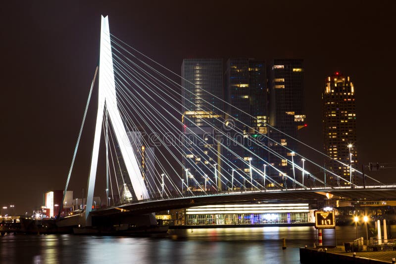 Nightview on Erasmus Bridge in Rotterdam Editorial Image - Image of ...