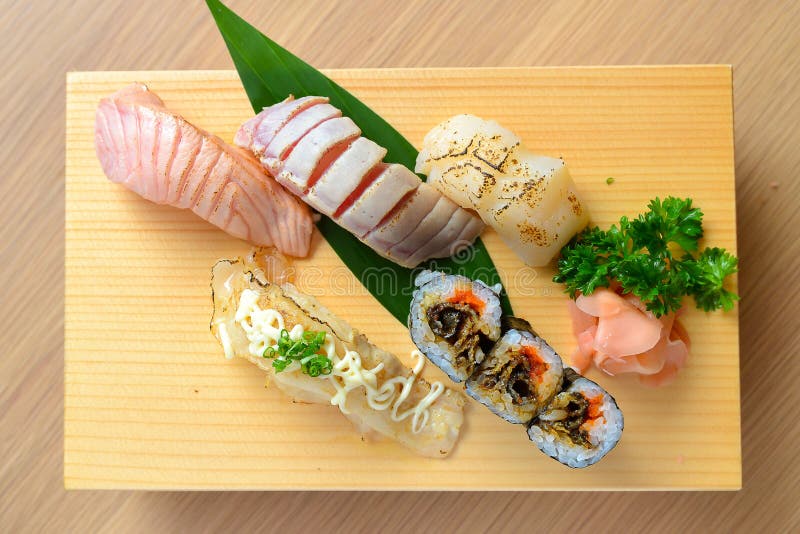 Nigiri Sushi Set on Wooden Plate Stock Image - Image of ginger, dish ...