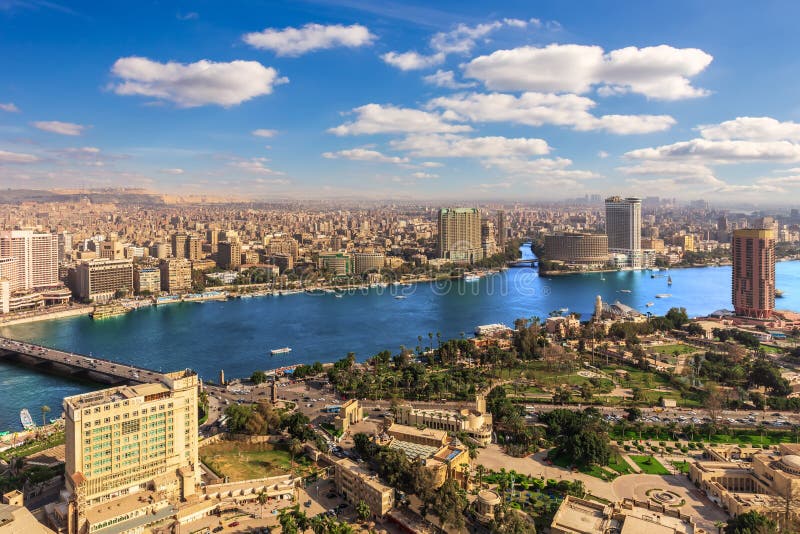 Cairo Downtown and the Nile from Above, Sunset View, Egypt Stock Photo ...