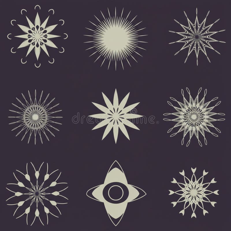 Nine Abstract, Symmetrical Geometric Patterns Arranged in a 3x3 Grid on ...