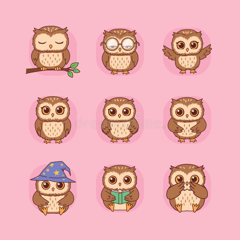 Nine Adorable Cartoon Owls in Unique Poses Stock Illustration ...