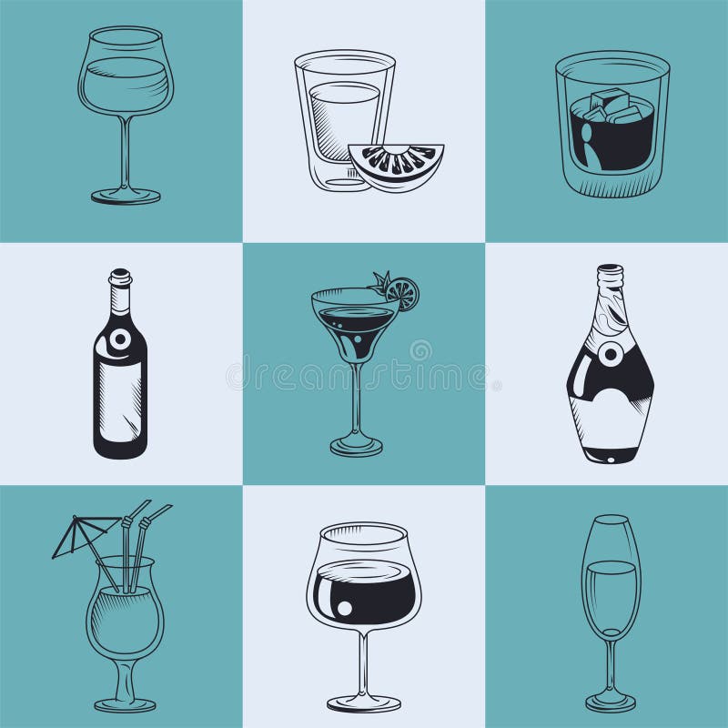 Nine alcoholic drinks stock vector. Illustration of distilled - 212418684