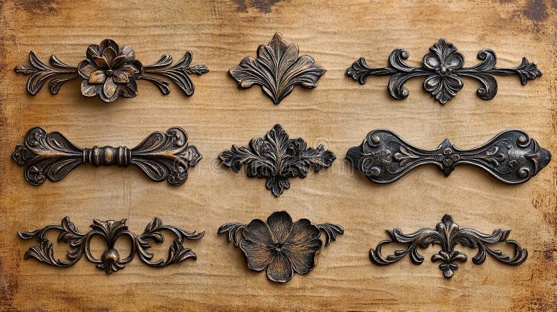 Nine Antique-style Ornate Metal Decorative Elements on Wood Background ...