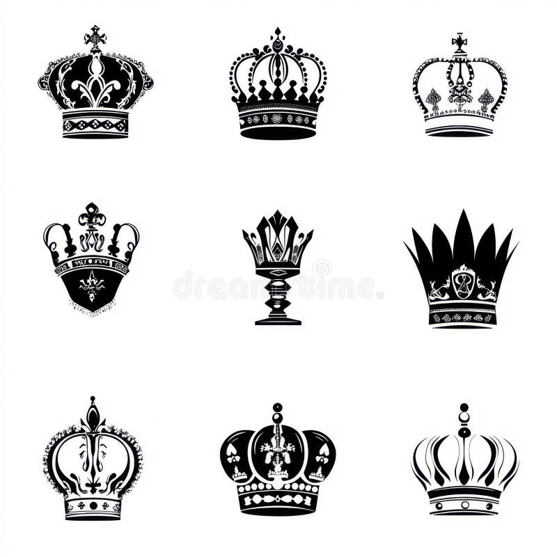 Nine Black and White Crown Designs Royal Symbols Stock Illustration ...