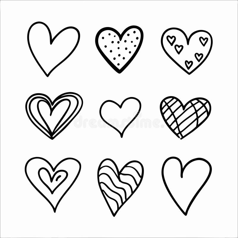 Nine Black and White Hand-drawn Hearts, Each with Unique Patterns, are ...