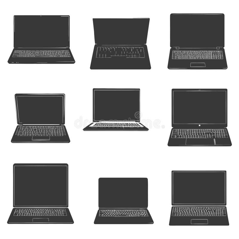 Collection of Nine Laptop Sketches in Monochrome Stock Vector ...