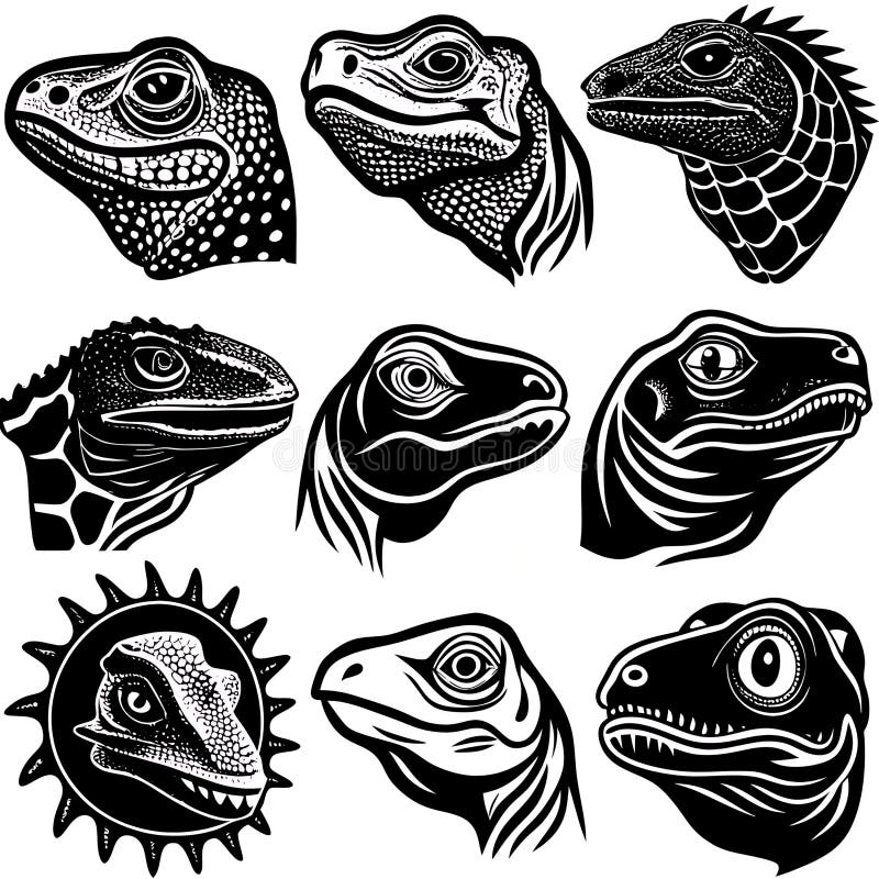 Nine Black and White Lizard Head Illustrations Stock Illustration ...