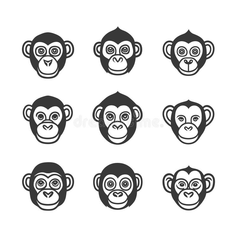 Nine Cute Monkey Faces: Cartoon Style Vector Illustration Stock Vector ...