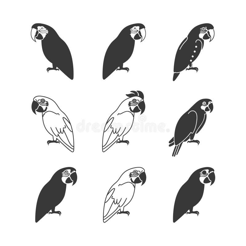 Collection of Nine Parrot Silhouettes: Black and White Macaw and ...