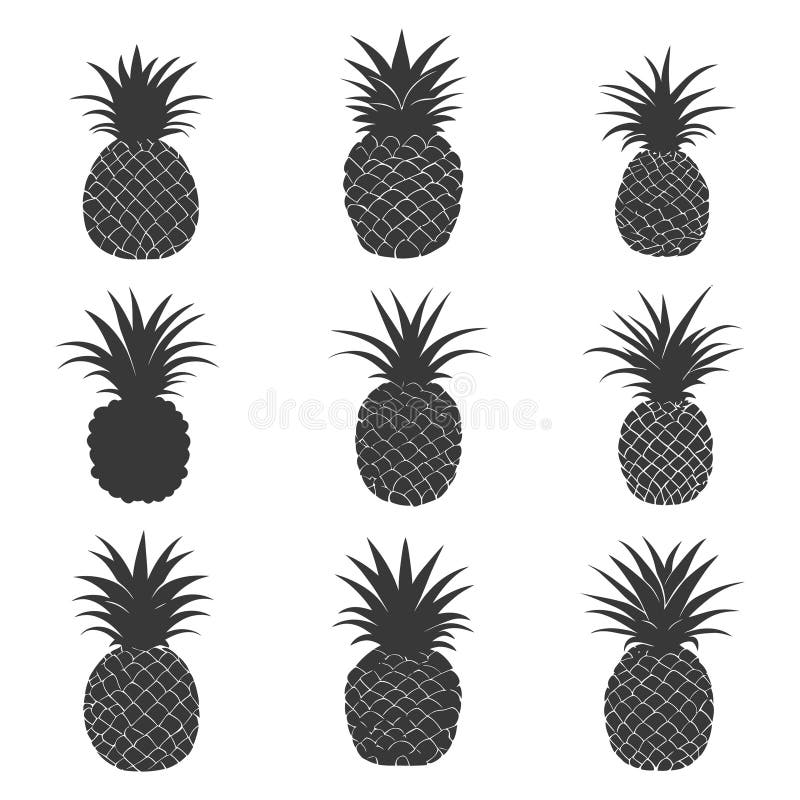 Collection of Nine Stylish Black and White Pineapple Silhouettes Stock ...