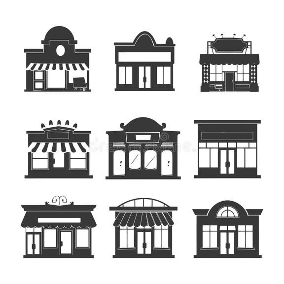 Collection of Nine Different Store Fronts a Set of Black and White Shop ...