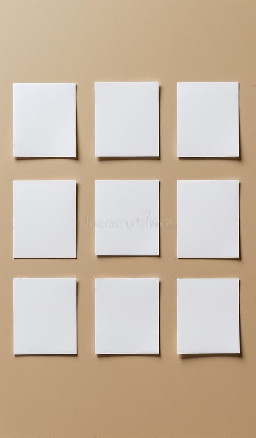 Nine Blank White Paper Sheets Arranged in a Grid on a Beige Background ...