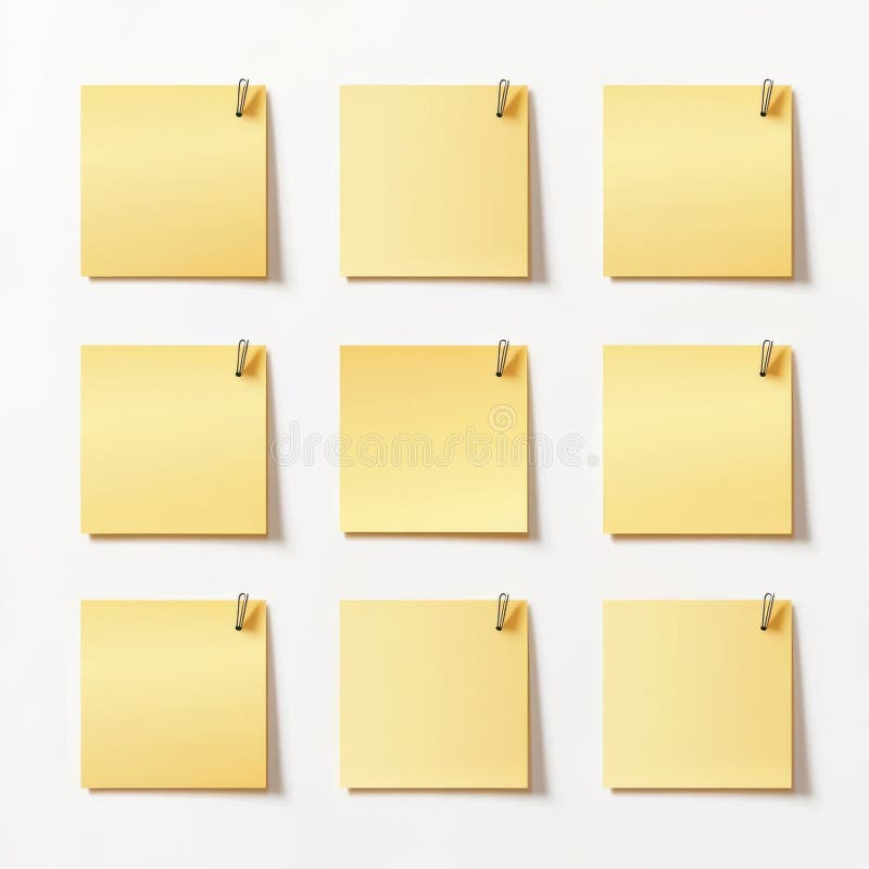 Nine Blank Yellow Sticky Notes on a White Wall Ready for Ideas Isolated ...