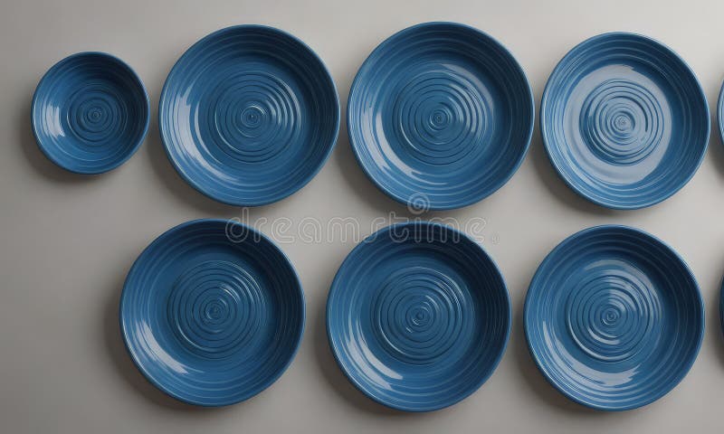 Nine Blue Plates with Concentric Circles are Arranged in Grid on Gray ...