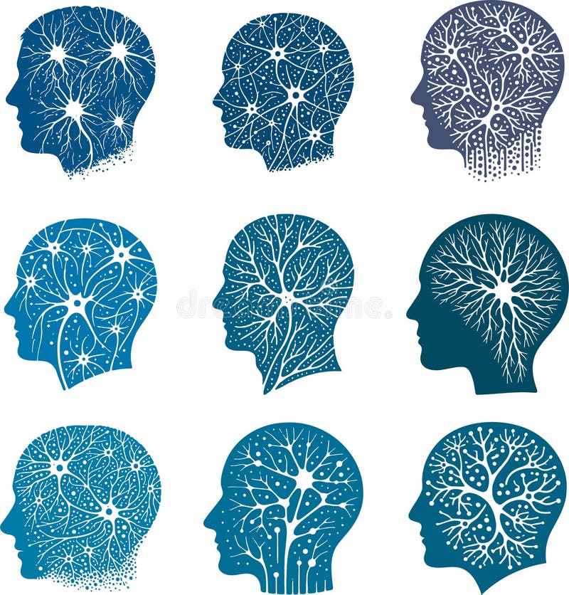 Nine Blue Silhouettes of Human Heads with Neural Network Dendrite ...