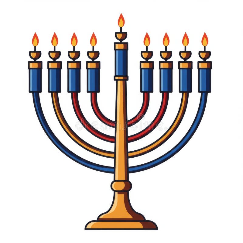 Nine Branched Gold Menorah with Blue and Red Candles Stock Illustration ...