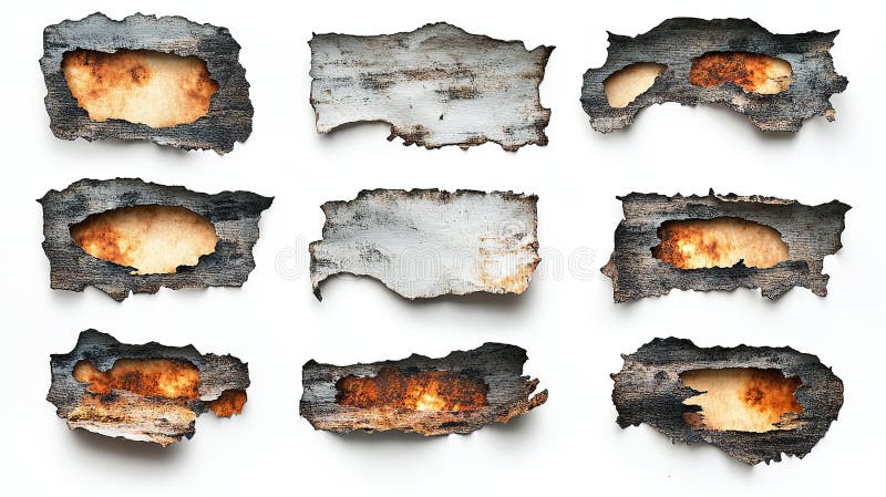 Nine Burnt Birch Bark Pieces Isolated on White Background Stock ...