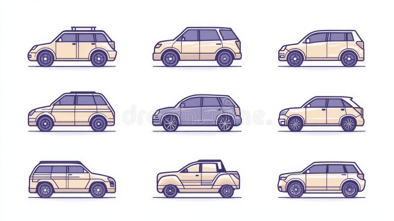 Nine Car Illustrations, Each in White and Blue, are Positioned on a ...
