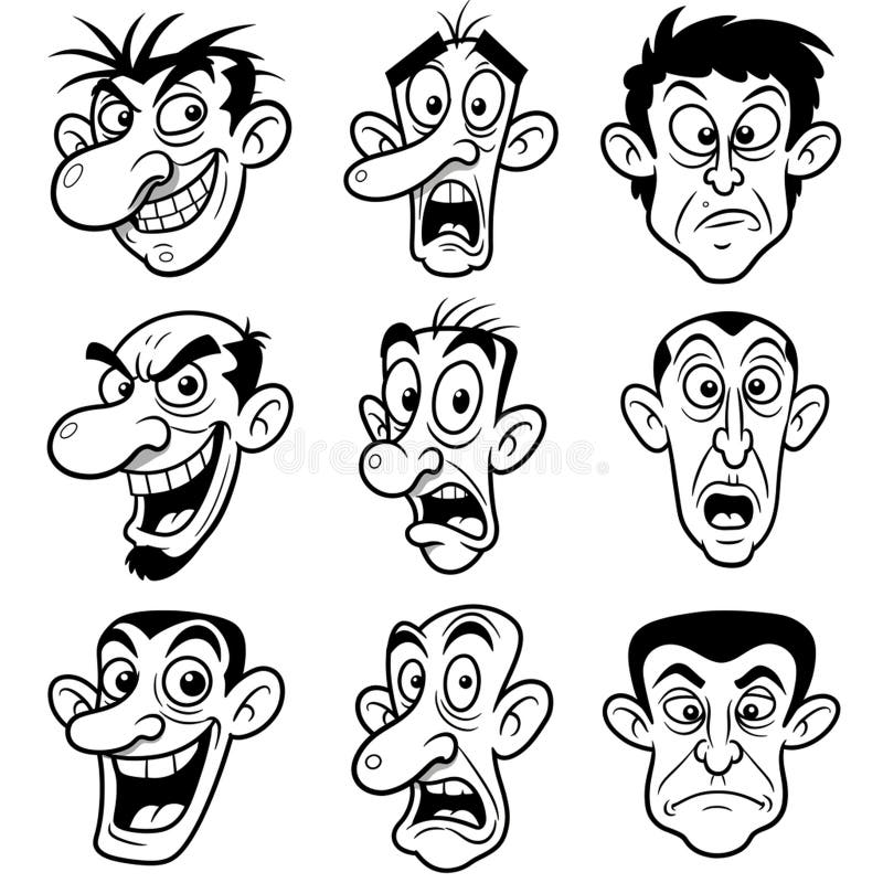 Nine Cartoon Faces, Each with Exaggerated Features and Different ...