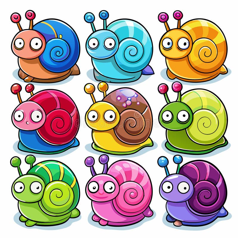 Nine Cartoon Snails with Bright, Colorful Shells Stock Vector ...