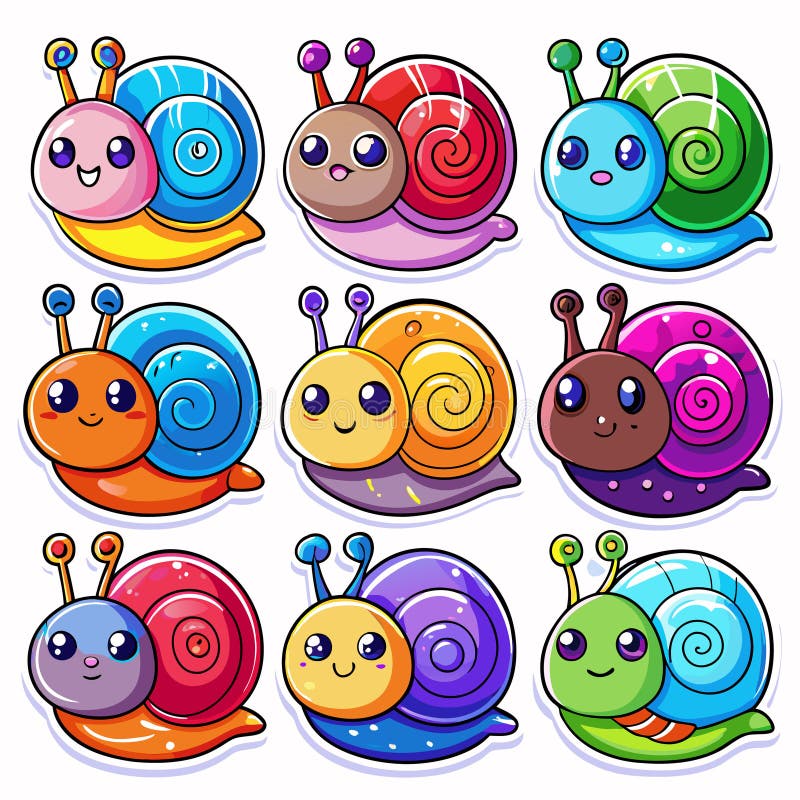 Nine Cartoon Snails with Different Colors and Patterns on Their Shells ...