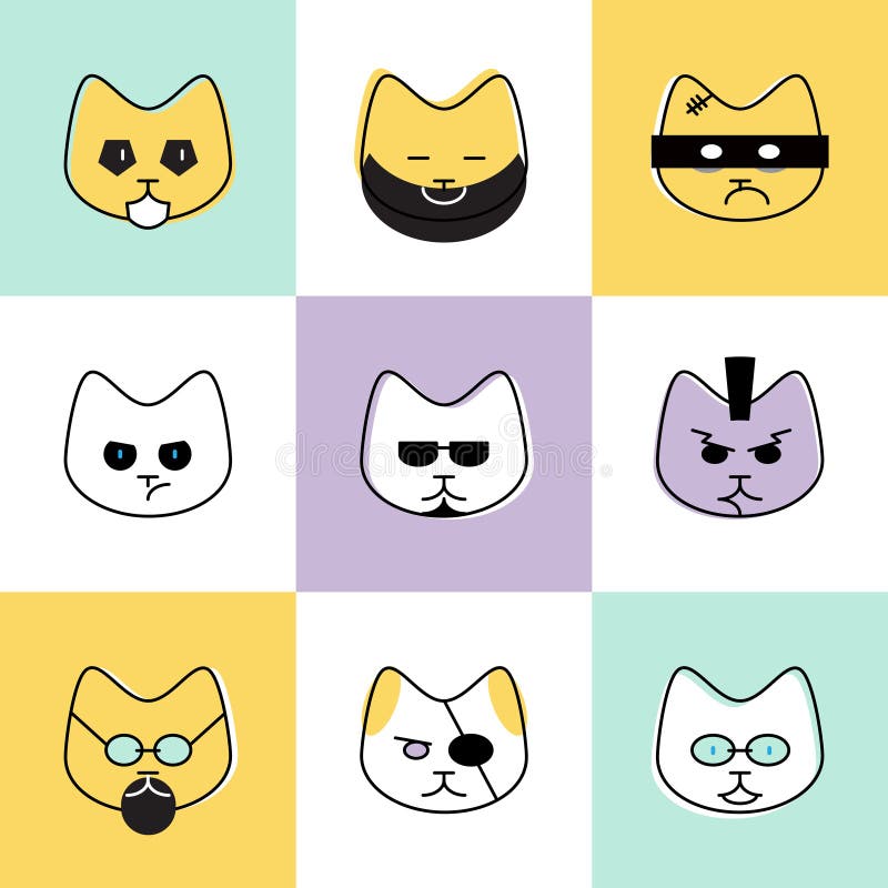 Nine Cat Lives. Print for T-shirt with Different Cats Faces Stock ...