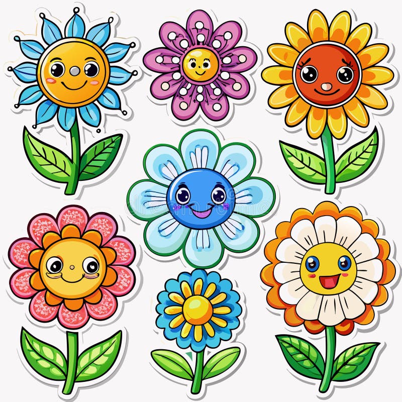 Nine Cheerful Cartoon Flowers. ( Stock Vector - Illustration of digital ...