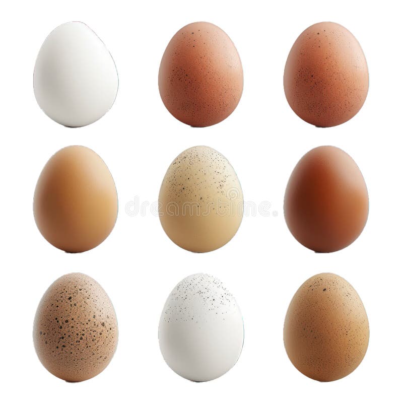 Collection of Nine Chicken Eggs Standing on White Background Stock ...