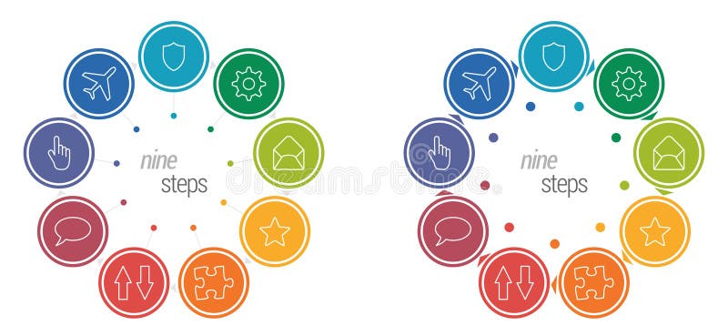 Nine Circles Each Different Color, Connected with Triangle Arrows ...