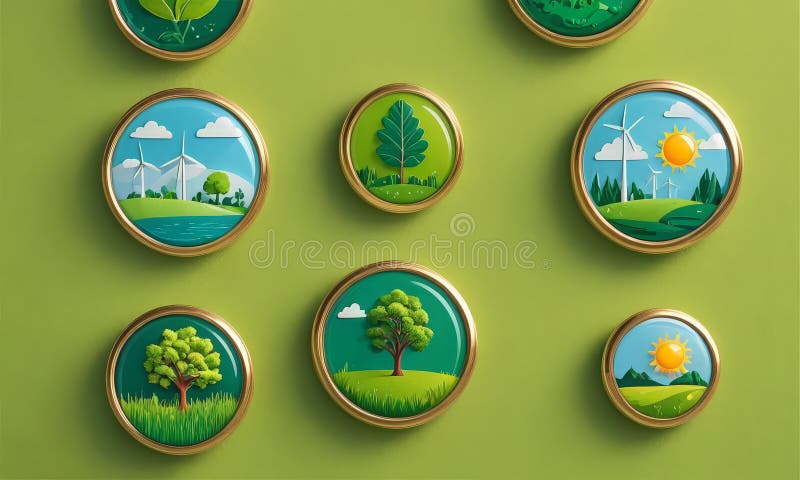 Nine Circular Badges, Each Featuring Different Landscape Scene, are ...