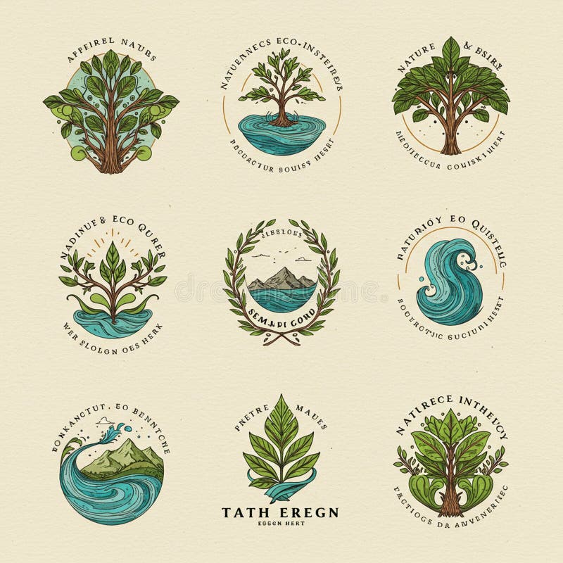 Nine Circular Emblems Feature Detailed Illustrations of Nature Themes ...